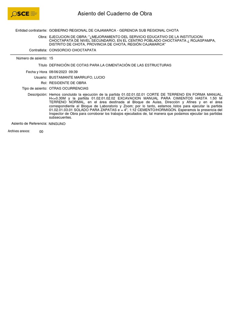 Asiento #15. Del Residente de Obra. 08.06.2023. | PDF