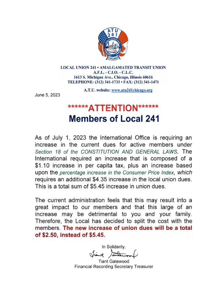 2023 Local 241/308 Dues Increase letters | PDF | Taxes | Economies
