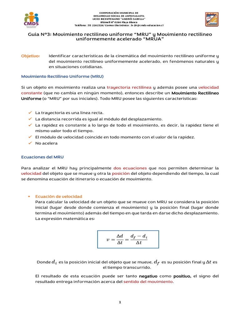 Guía de MRU y MRUA: Ecuaciones y Ejemplos | PDF | Velocidad | Aceleración