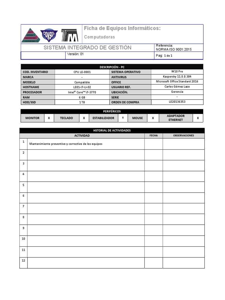 Fichas de Equipos Informáticos | PDF | Hardware de la computadora | Periférico