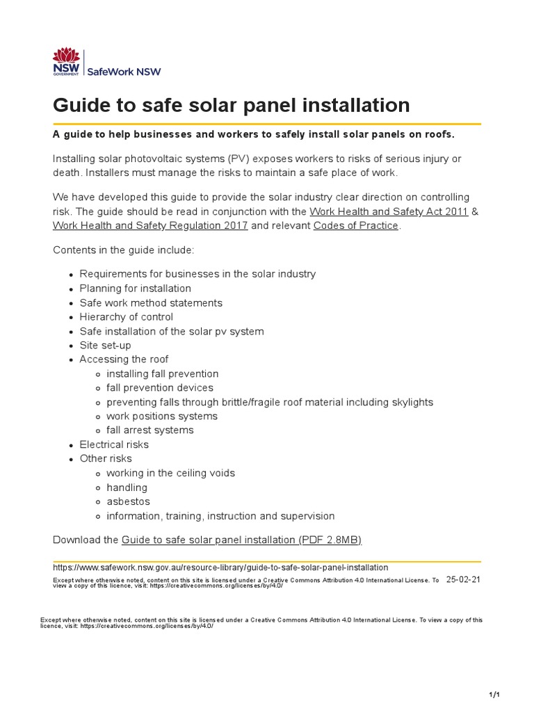 Safework - Nsw.gov - Au-Guide To Safe Solar Panel Installation | PDF