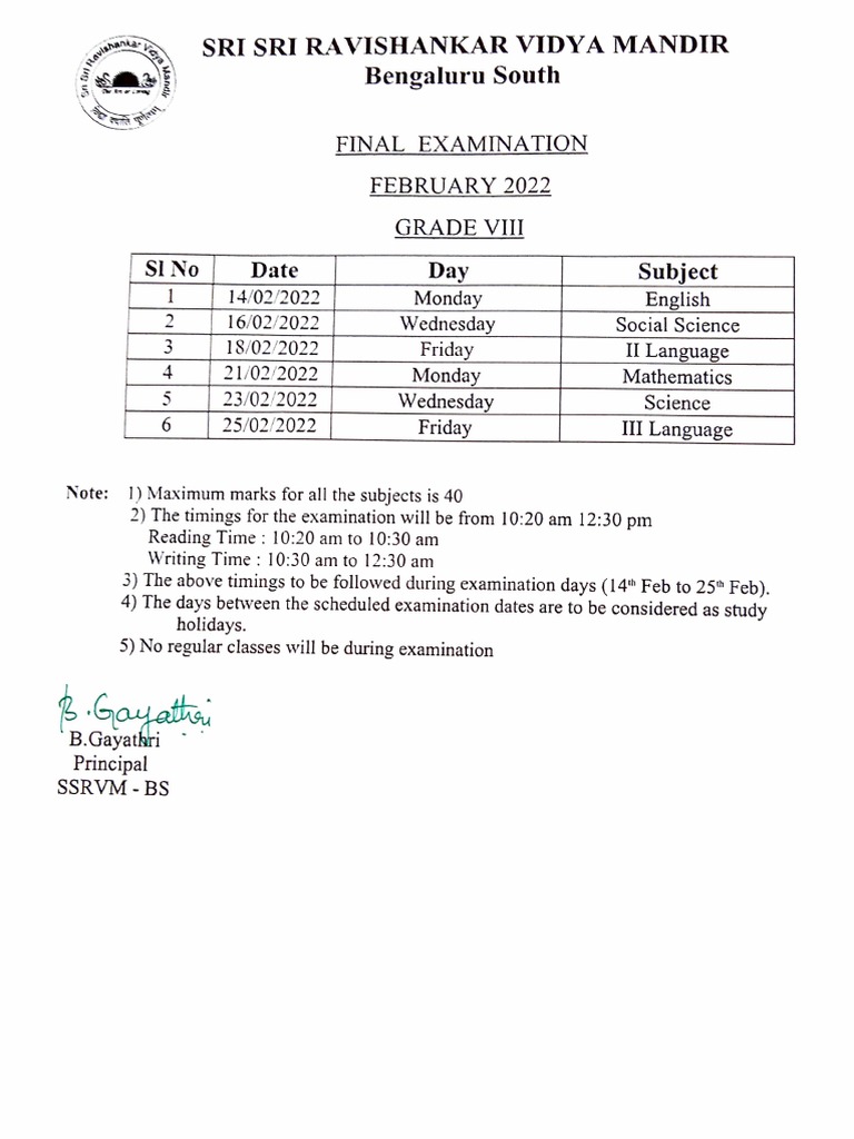 Grade VIII Final Exam Schedule 2022 | PDF