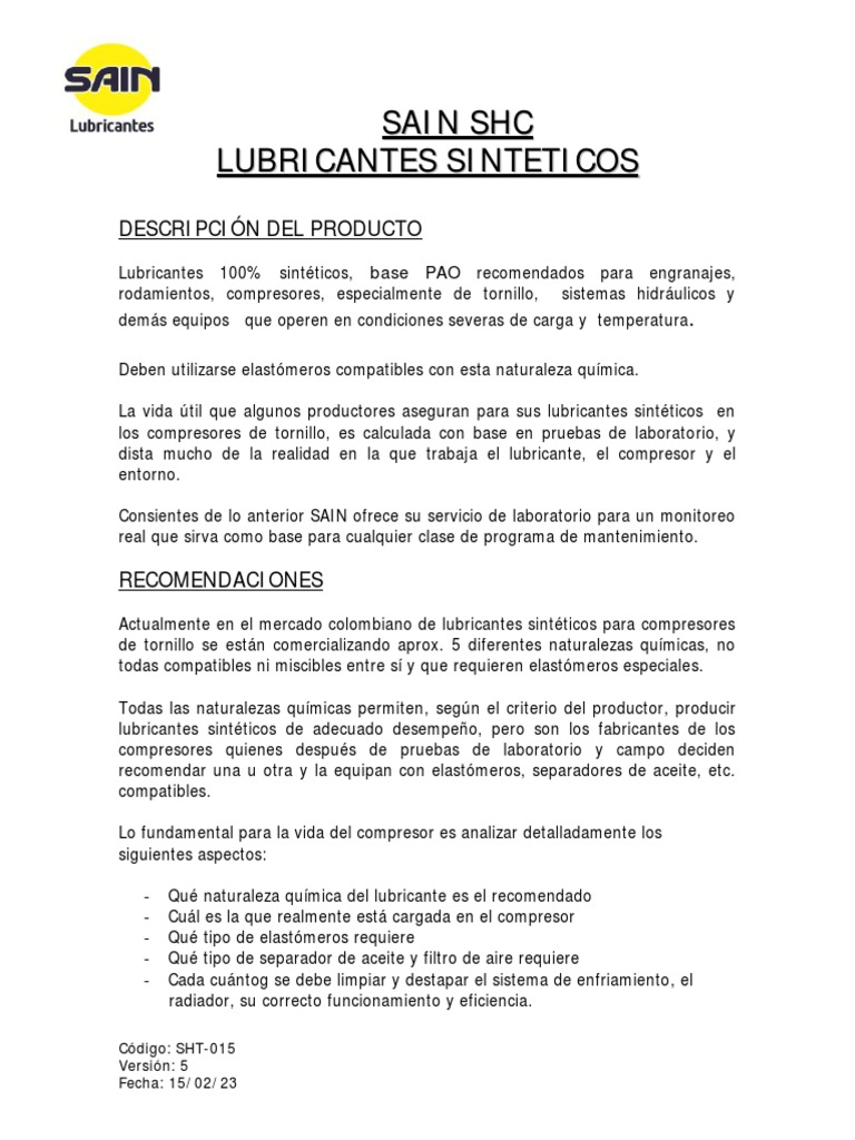 Sain SHC Ficha Tecnica Aceite Compresor Tornillo | PDF | Lubricante | Agua