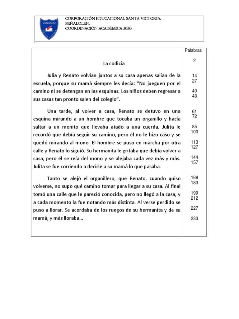 Ficha 2 La Codicia 233 (5°básico) | PDF