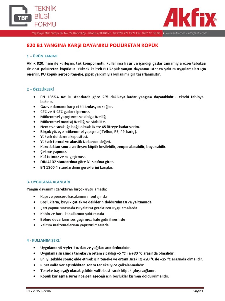 AKfix Yangına Dayanıklı Köpük 820 - B1 - Fire - Rated - Pu - Foam - TDS - TR | PDF