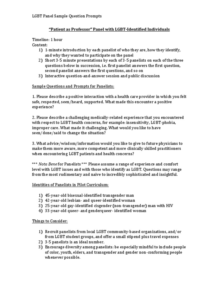 LGBT Panel Sample Question Prompts | PDF | Lgbt | LGBTQIA+ Studies