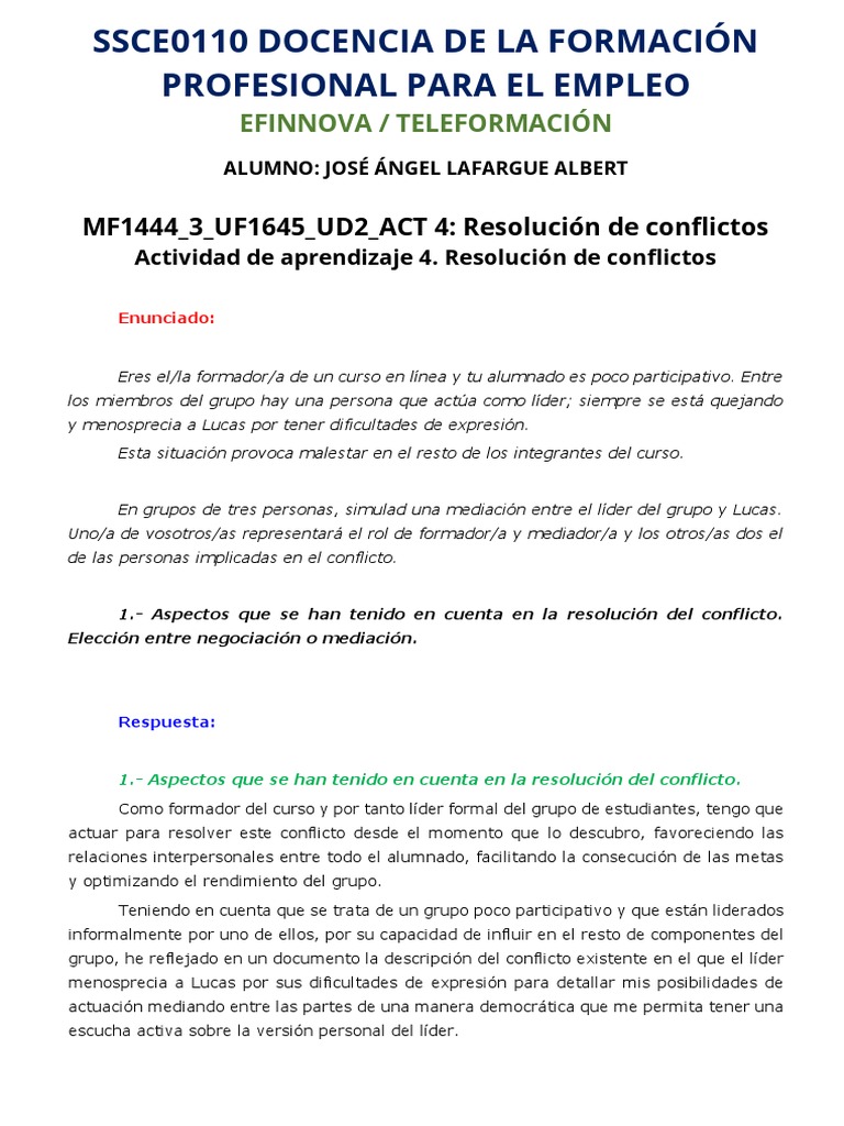 Actividad 4 - Uf 1645 Resolución de Conflictos - MF1444 | PDF