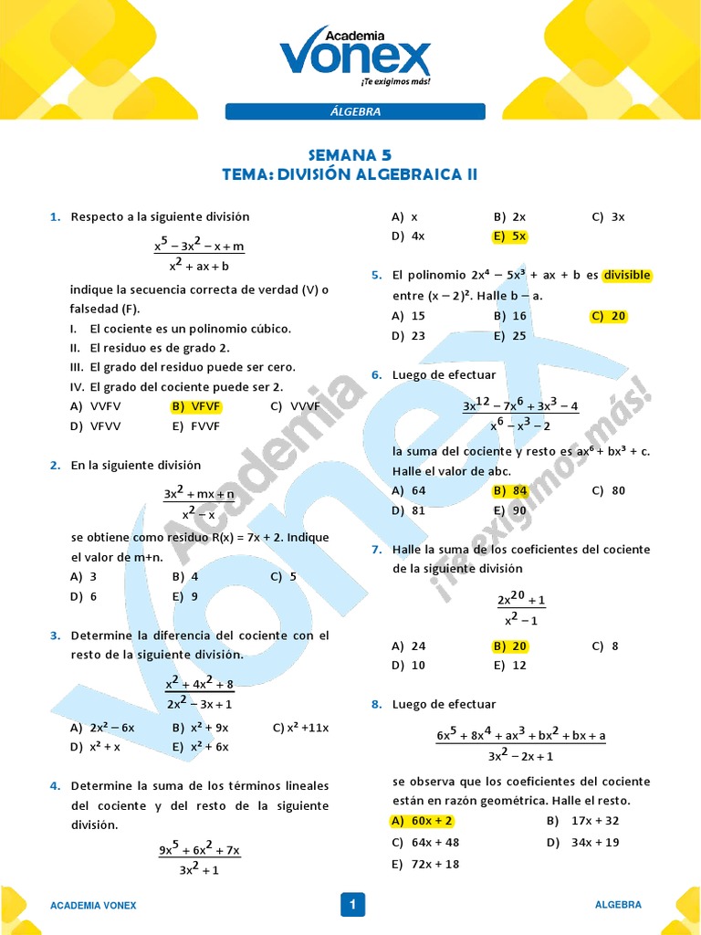 Ejercicios de División Algebraica | PDF | Matemáticas | Aritmética
