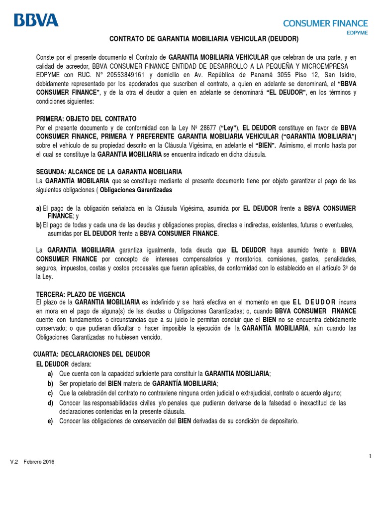 Contrato Garantía Vehicular BBVA | PDF | Negocios | Derecho
