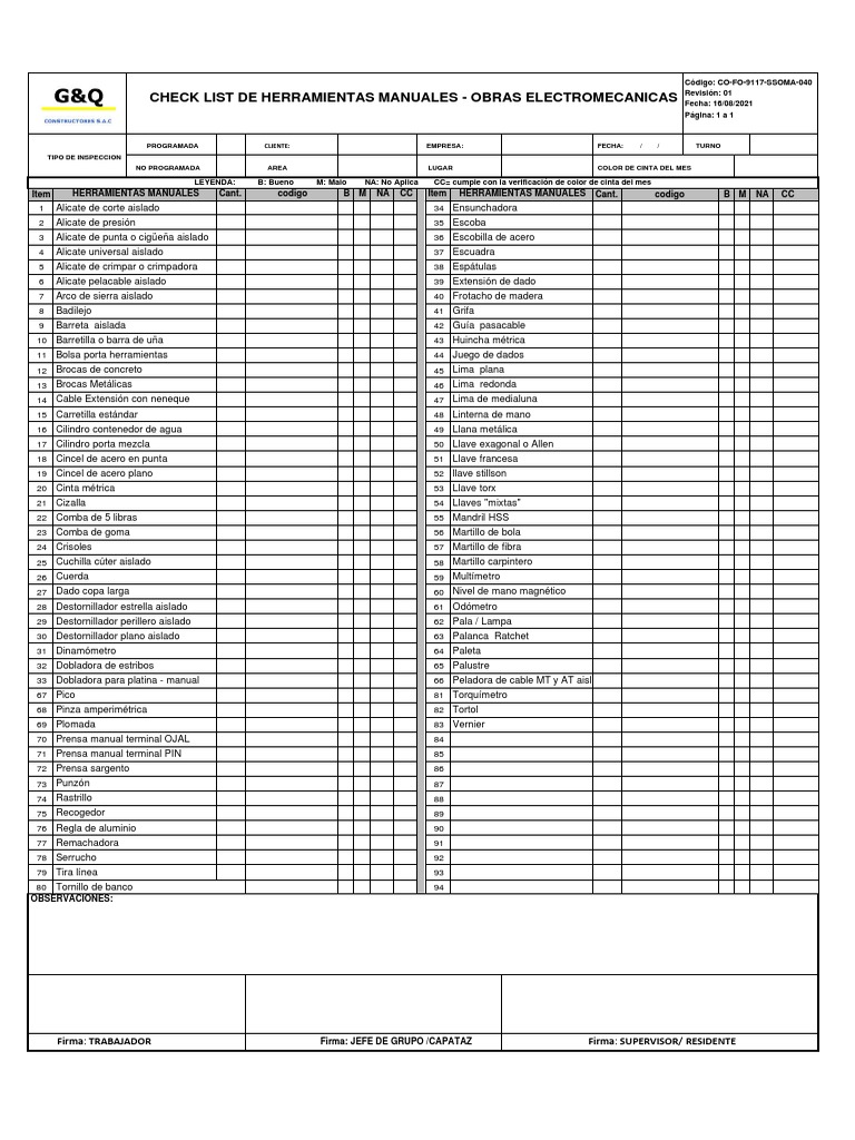 CO-FO-9117-SSOMA-040 CHECK LIST DE HERRAMIENTAS MANUALES OOEE (4) | PDF ...