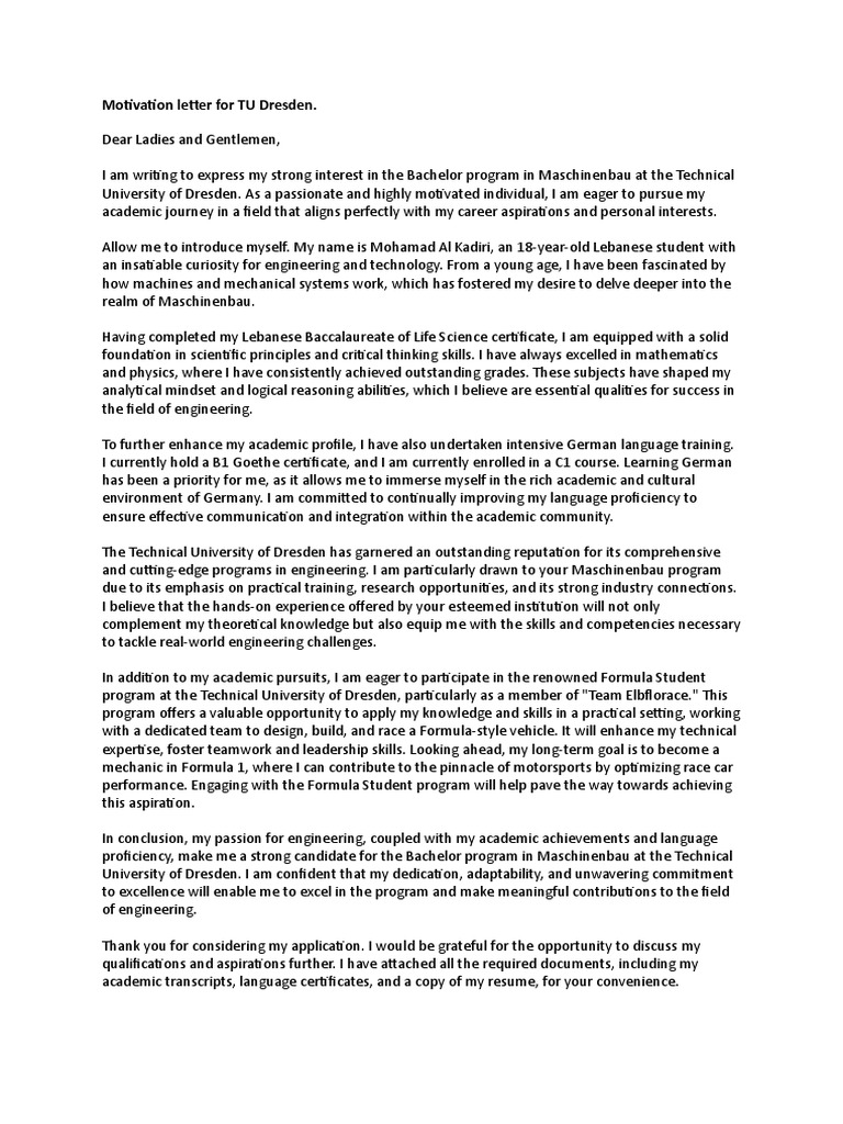 Motivation Letter for TU Dresden Maschinenbau | PDF