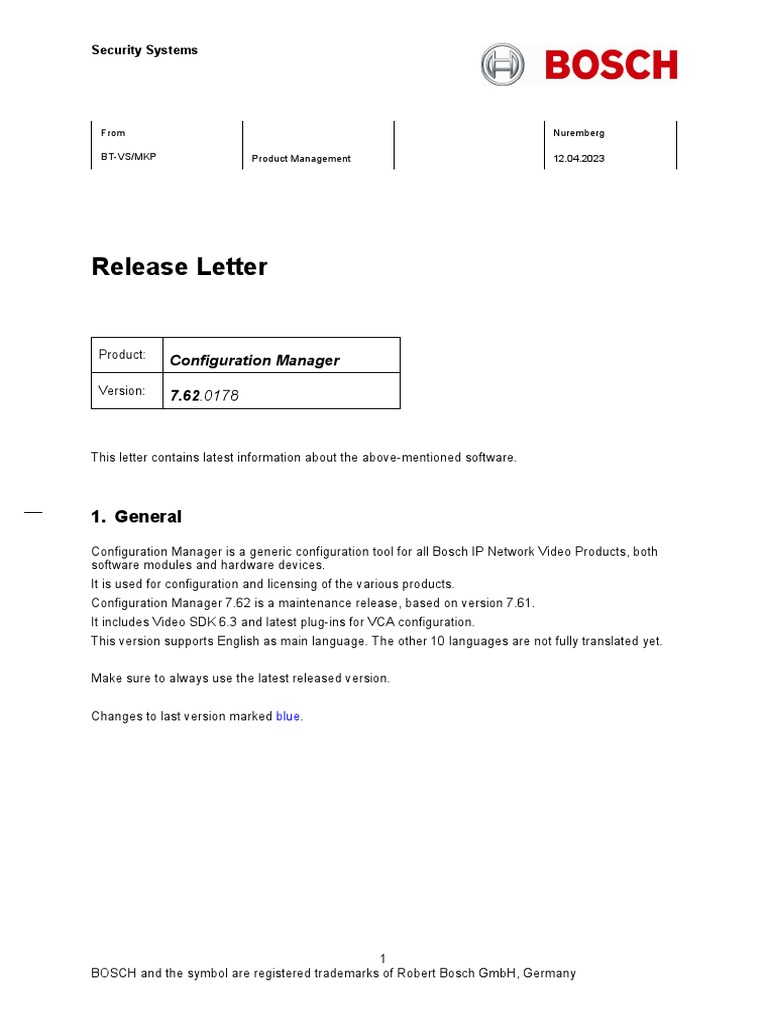 Bosch Releaseletter ConfigManager 7.62.0178 | PDF | Business