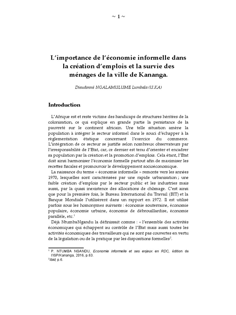 Article Dieudonné NGALAMULUME, L'Importance de L'économie Informelle ...