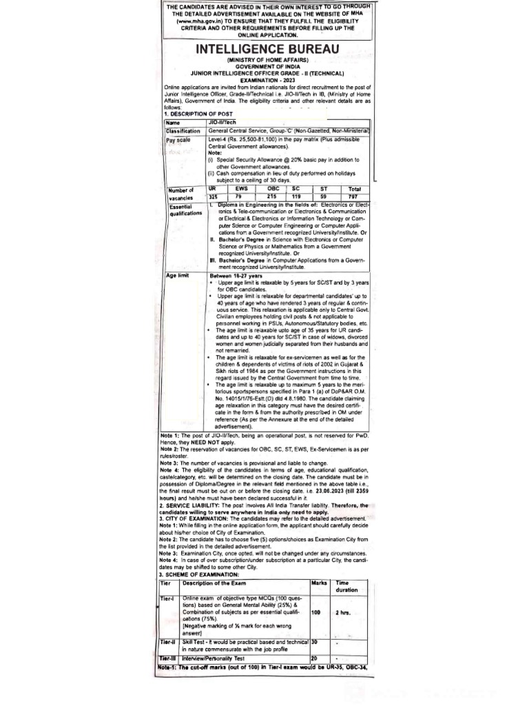 Intelligence Bureau Junior Intelligence Officer Posts | PDF
