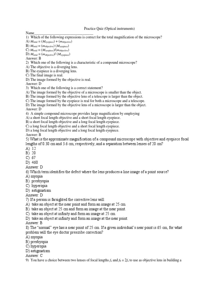 Practice Quiz (Optical Instruments) | PDF
