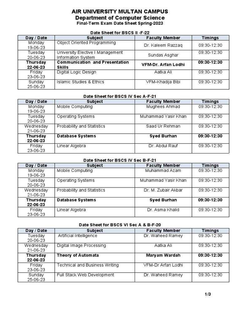 CS Date Sheet Final Term Exam Spring 2023 | PDF