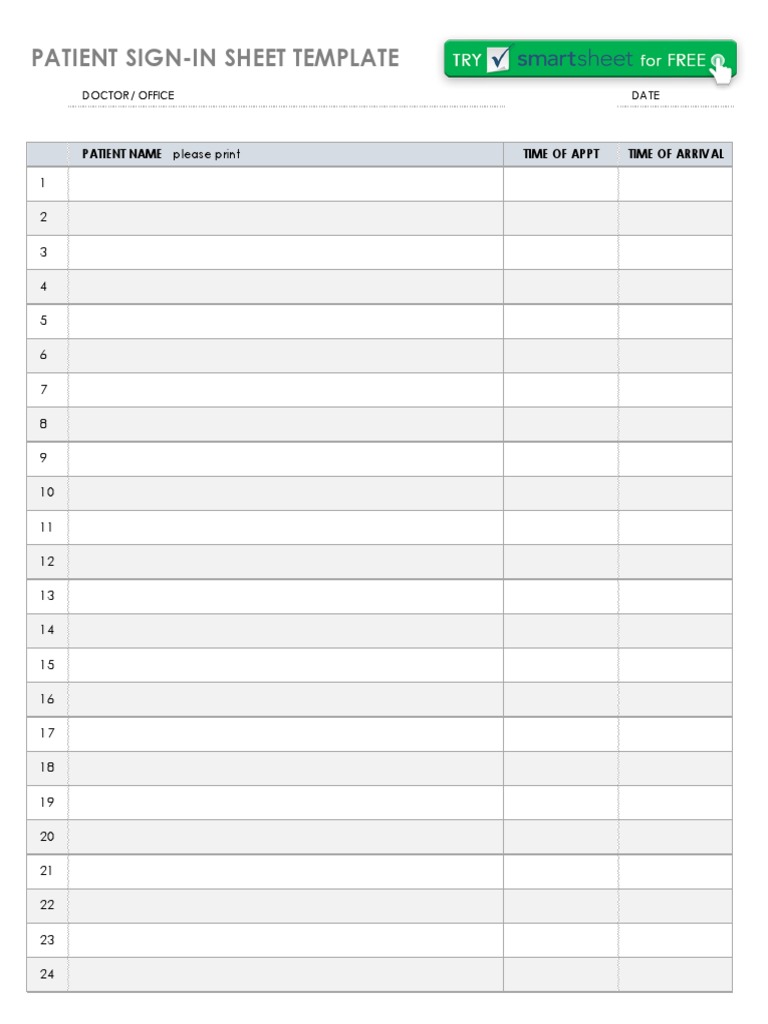 IC Patient Sign in Sheet Template 10541 - PDF | PDF