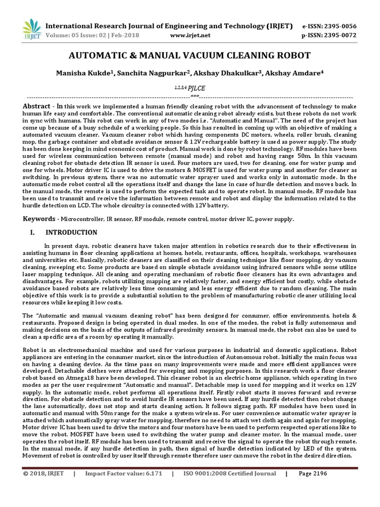 AUTOMATIC and MANUAL VACUUM CLEANING ROB | PDF | Vacuum Cleaner | Robot