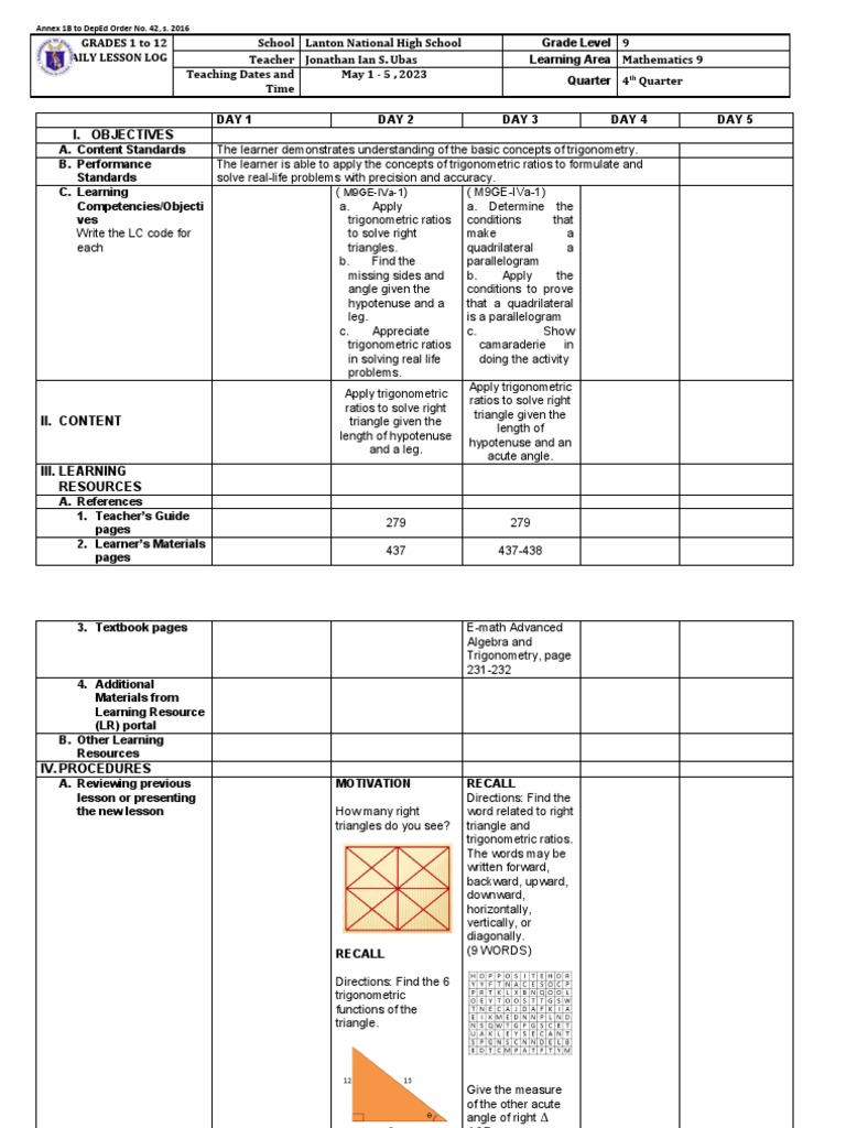 Week 2 DLL For LC 47.2a - B-Solving Right Triangle (Joya) | Download Free PDF | Triangle ...