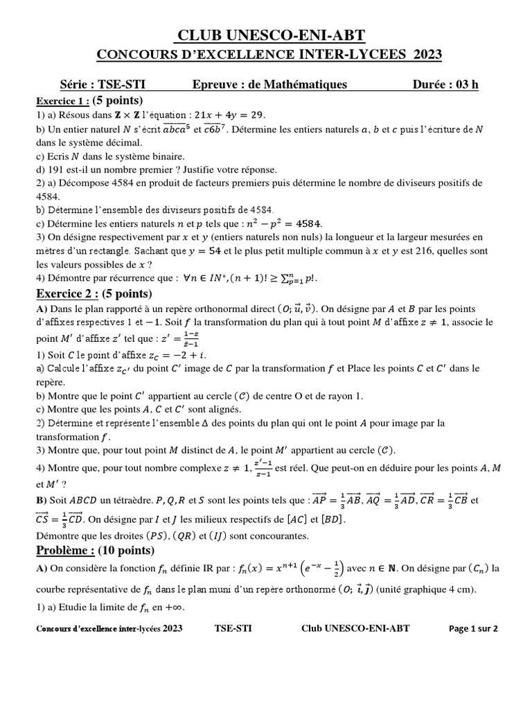 Concours d'excellence ENI 2023 TSE-1 | PDF