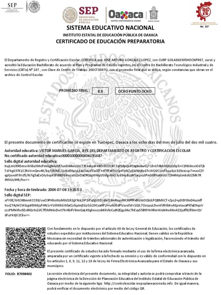 Certificado Oaxaca Arturo | PDF