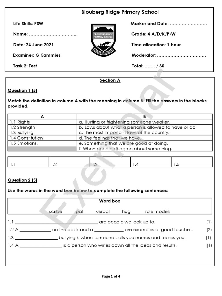 Grade 4 Life Skills Mid Year Examination 2021 | PDF