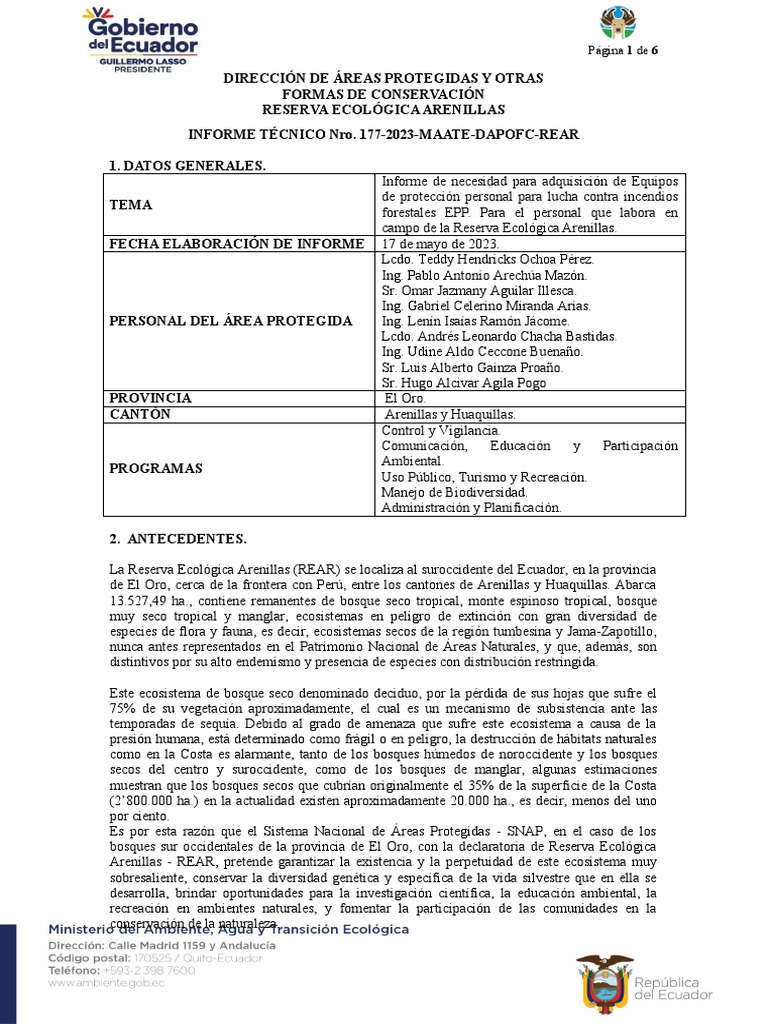 INFORME TÉCNICO Nro. 177-2023, NECESIDAD DE ADQUISICION DE EQUIPOS DE PROTECCION PERSONAL PARA ...