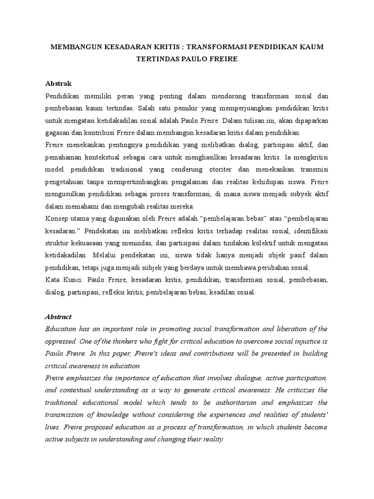 Membangun Kesadaran Kritis Transformasi Pendidikan Kaum Tertindas Paulo Freire | PDF