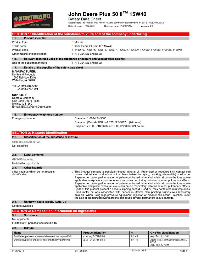 John Deere Plus 50 II 15W40 SDS | PDF