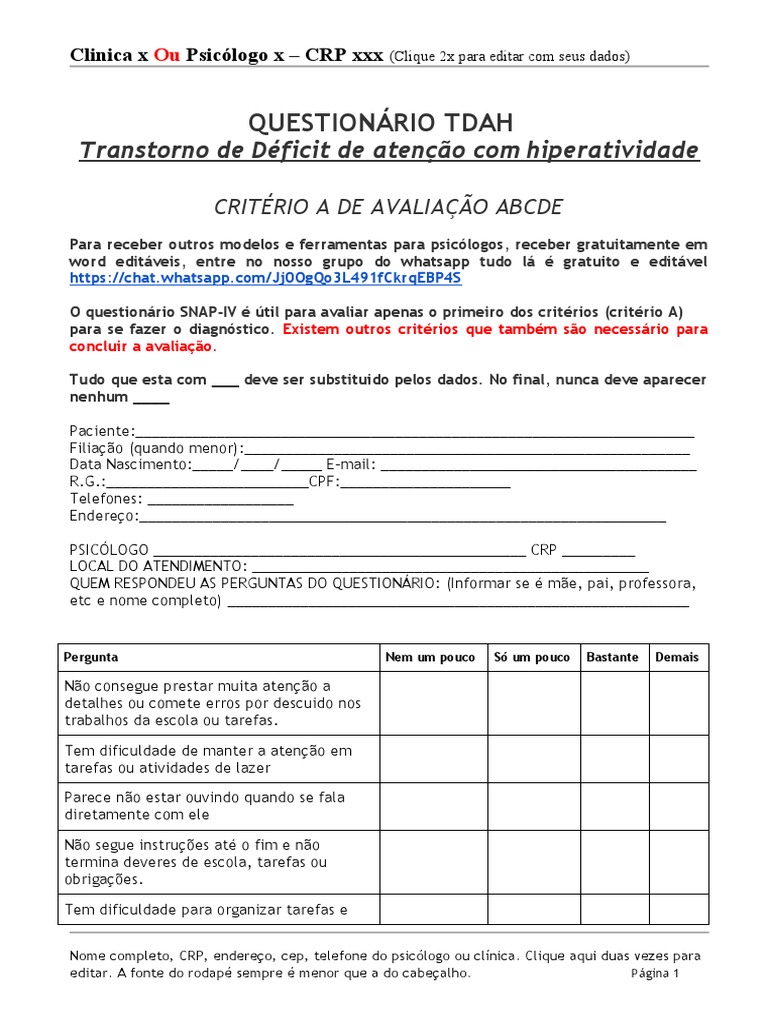 Questionario Diagnostico TDAH em Criancas Ler As Instruções Antes | PDF ...