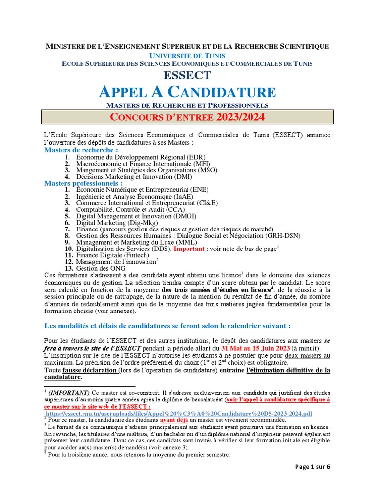 Appel À Candidatures - Masters - 2023 - 2024 | PDF