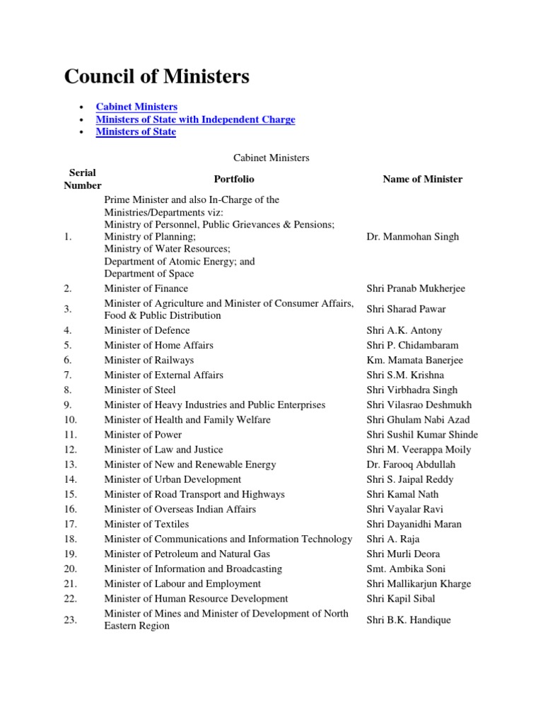 Council of Ministers: Cabinet Ministers Ministers of State With ...