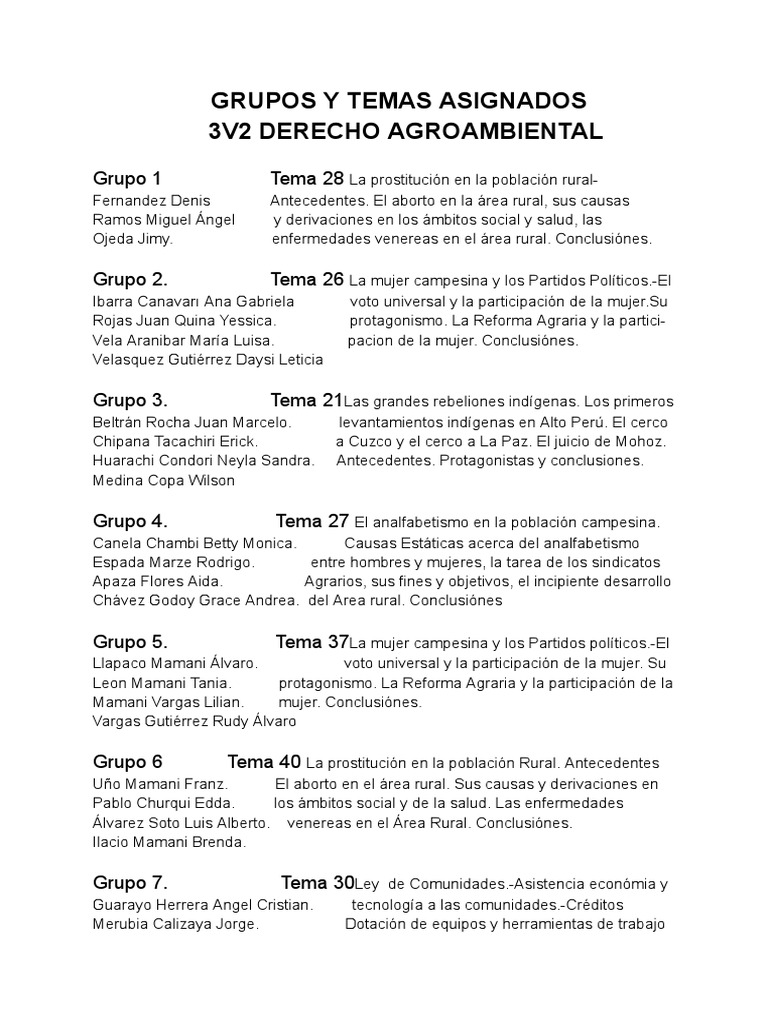 3V2 Grupos y Temas Asignados | PDF
