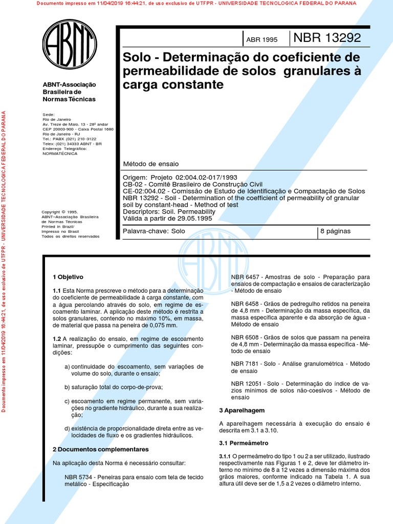 NBR13292 - Determinação do coeficiente de Permeabilidade | PDF | Vácuo ...