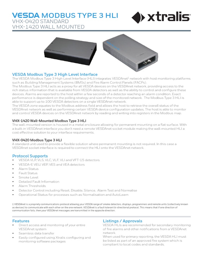 03 VESDA HLI Modbus Protocol VHX-0420 TDS A4 IE Lores | PDF