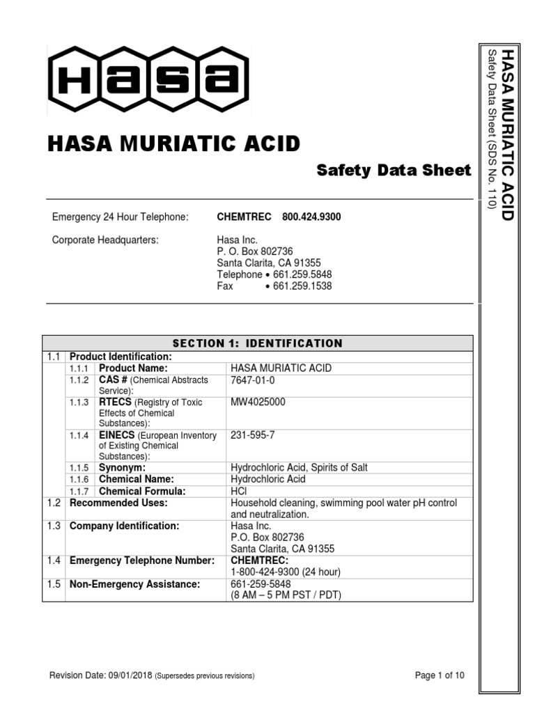 Muriatic Acid SDS v0918 | PDF | Hydrochloric Acid | Water