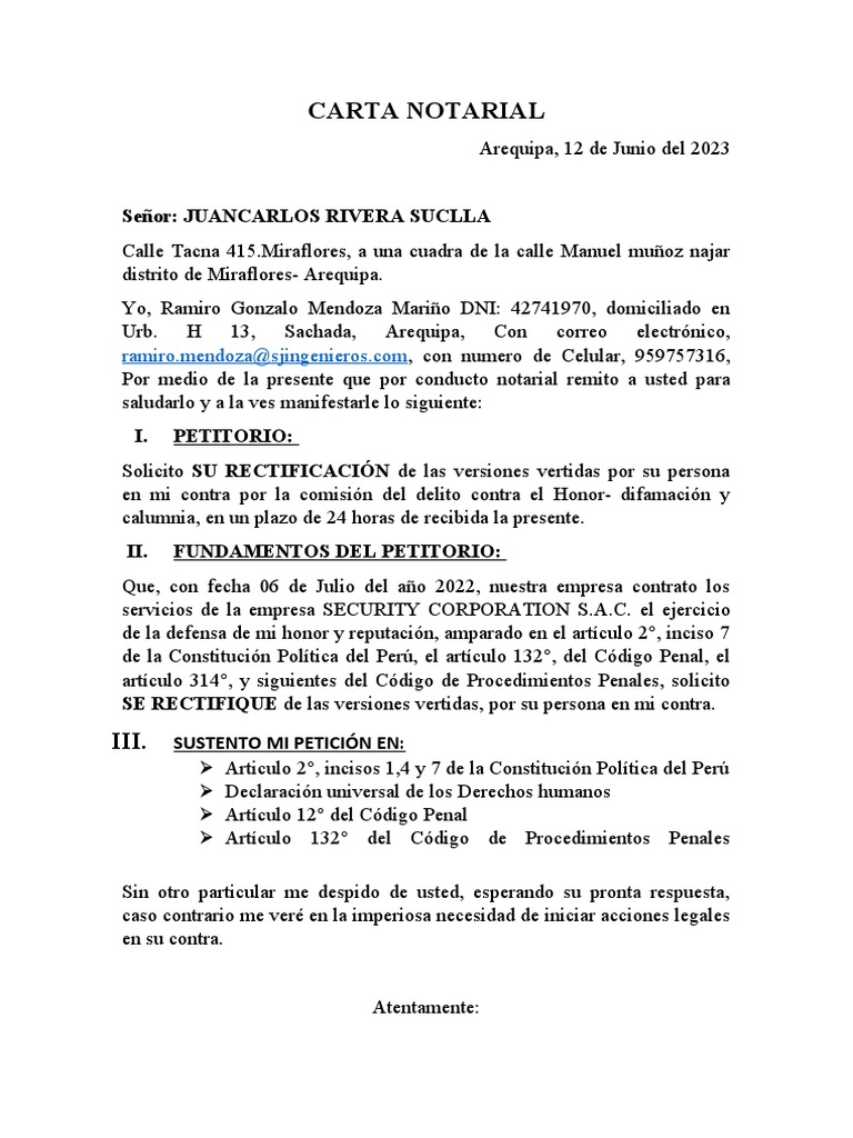 Carta Notarial De Requerimiento De Pago