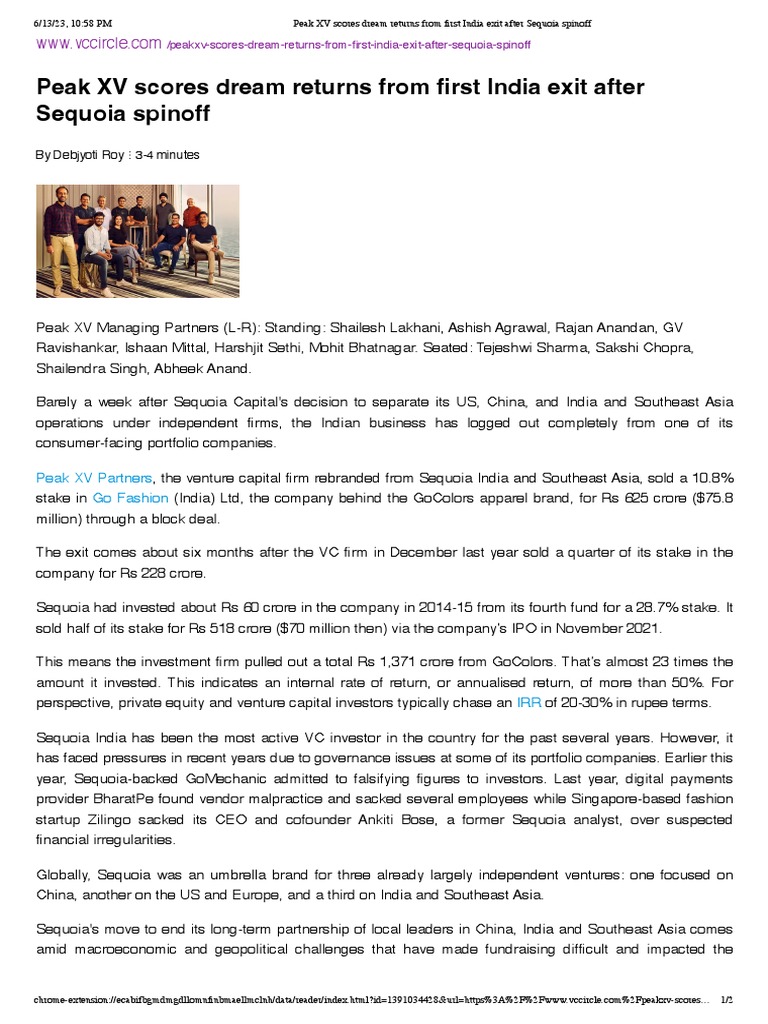 Peak XV Scores Dream Returns From First India Exit After Sequoia Spinoff - Reader View | PDF