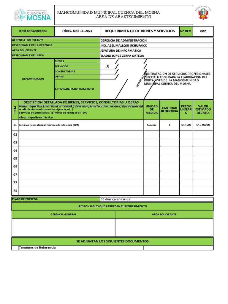 Formato_de_requerimeinto de Bienes y Servicios 002 | PDF