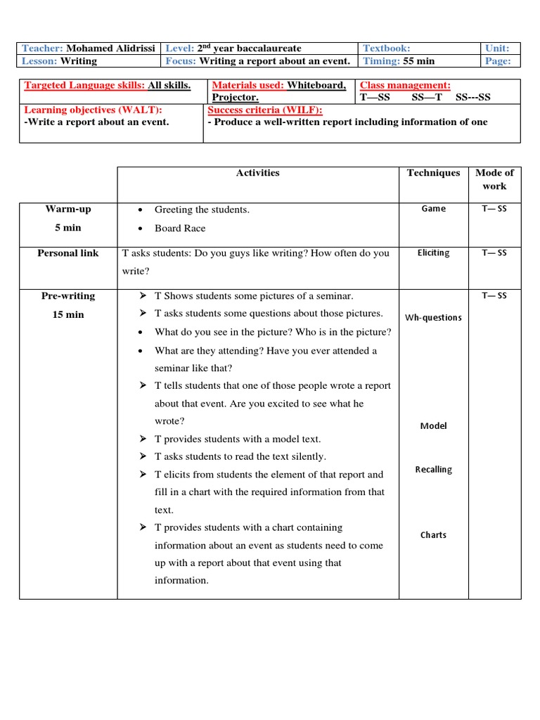 Lesson plan: Writing a report about an event. | PDF | Teaching | Pedagogy