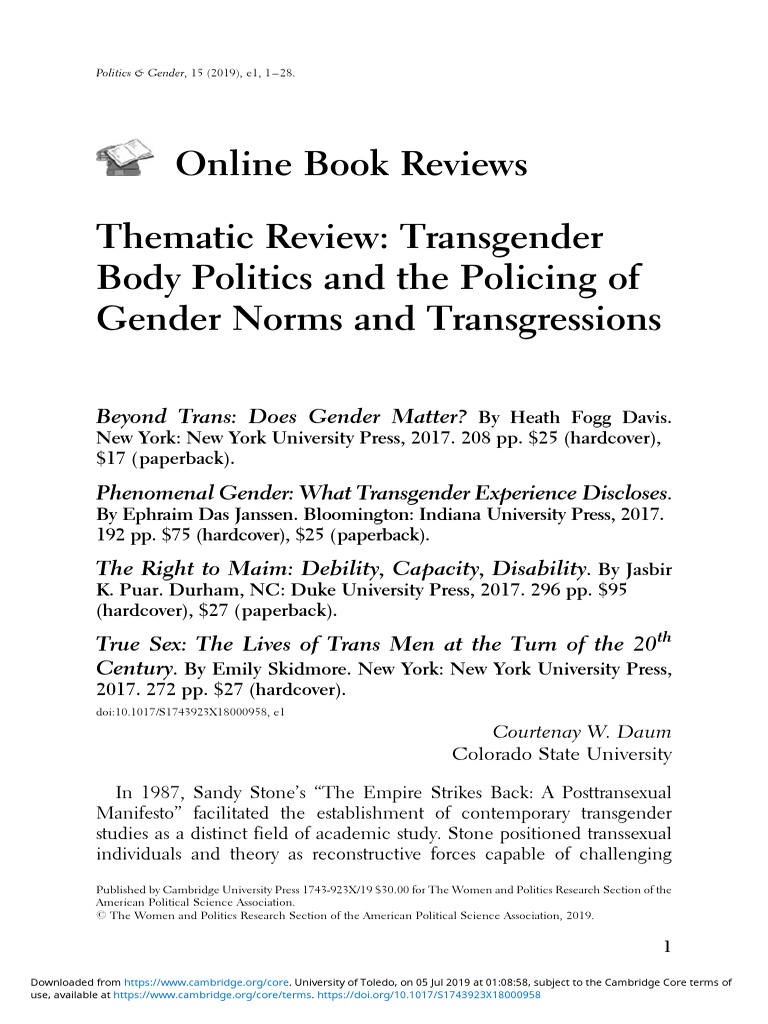 Online Book Reviews Thematic Review: Transgender Body Politics and The ...