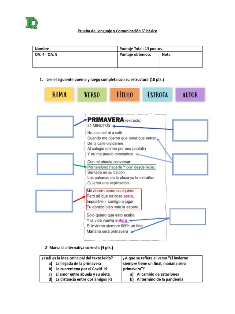 Prueba de Lenguaje y Comunicación Poema | PDF | Poesía