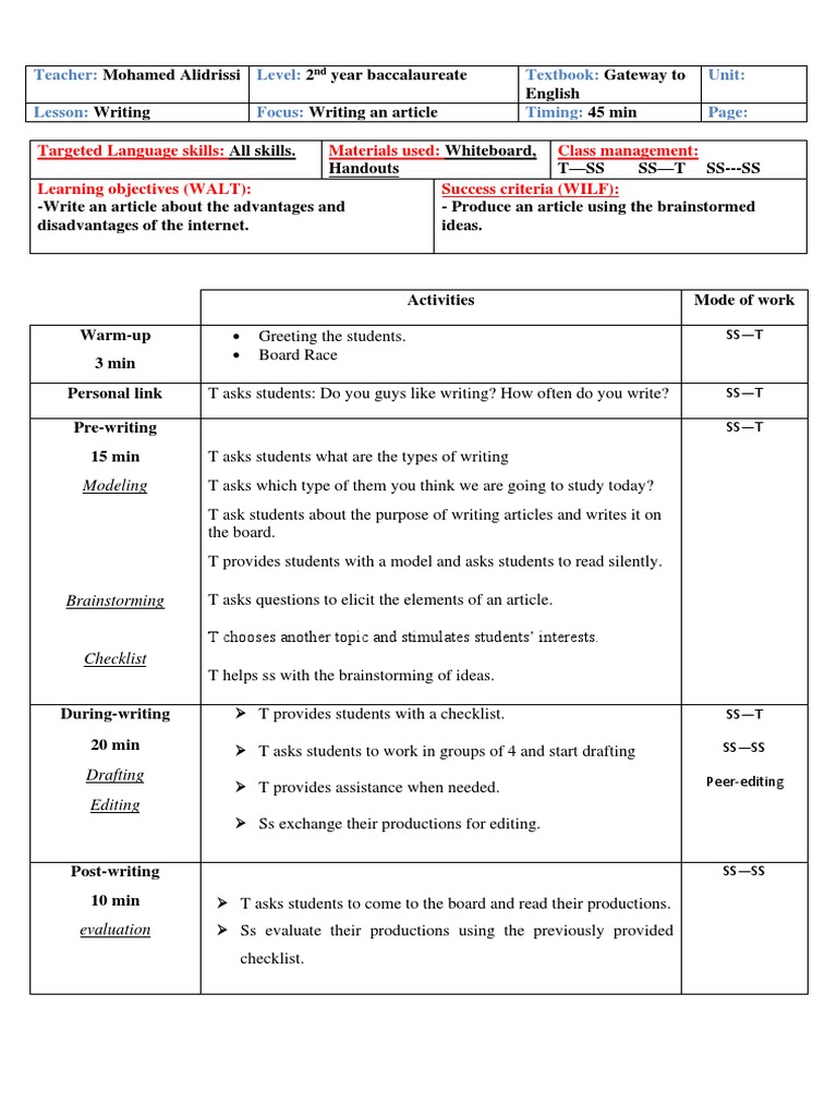 Lesson plan: writing an article | PDF | Brainstorming | Pedagogy