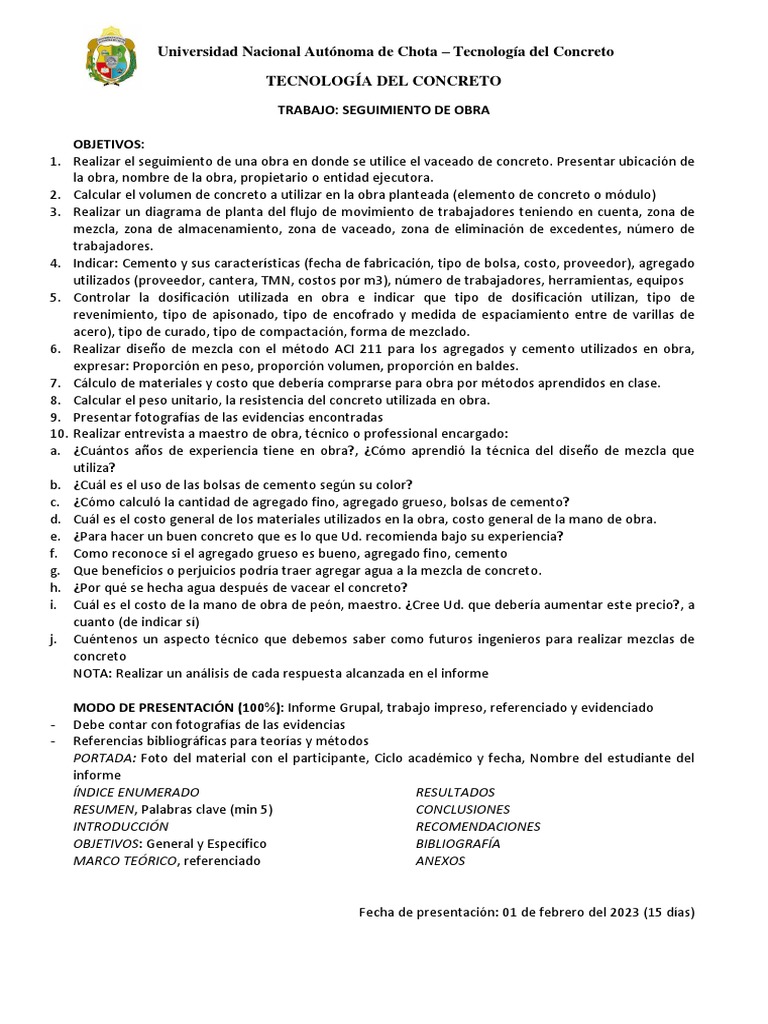 Trabajo-Seguimiento de Obra | PDF | Hormigón