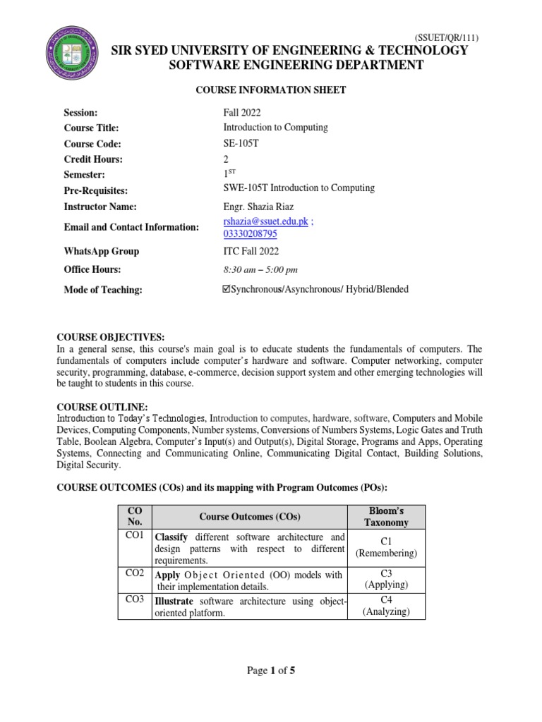 Course Information Sheet CIS-ITC (Theory) - FALL2022 | PDF | Application Software | Operating System