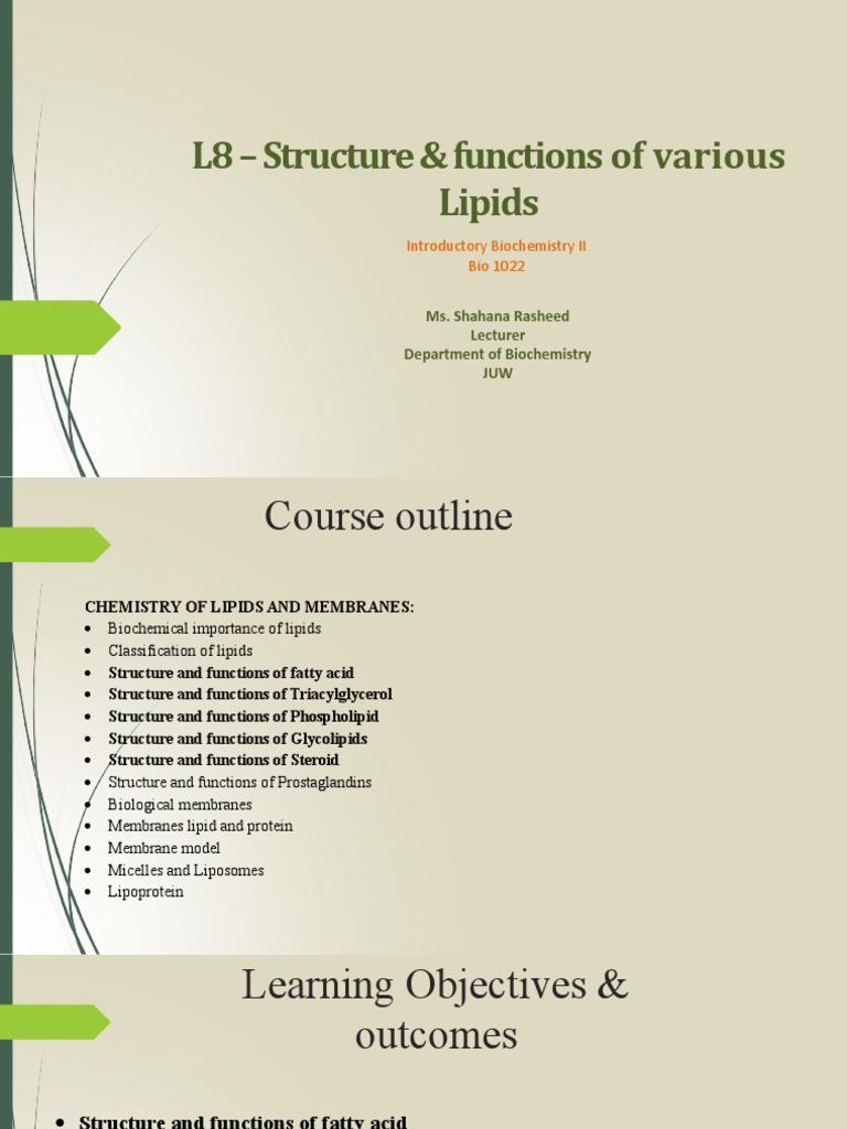 L8 - Structure Functions of Various Lipids | PDF | Triglyceride | Lipid