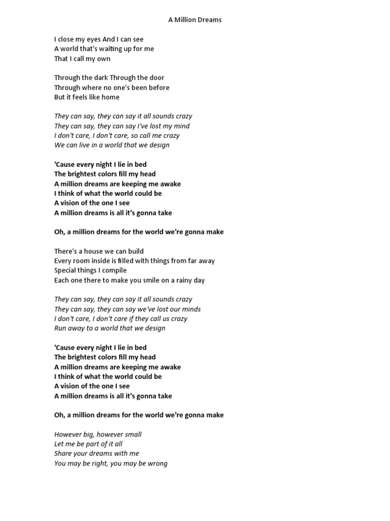 A Million Dreams Lyrics Analysis | PDF | Poetry