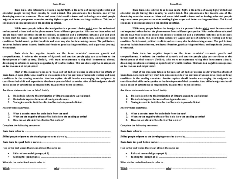 Reading: Brain Drain worksheet | PDF | Human Migration | Human Capital ...