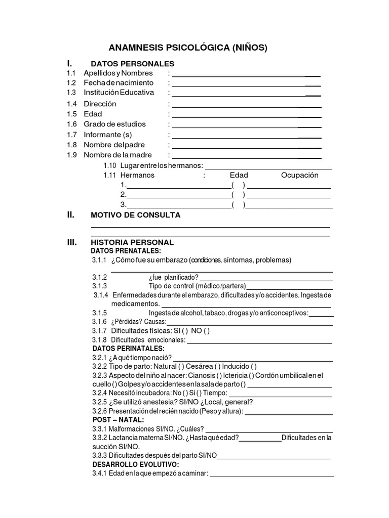 ANAMNESIS PSICOLÓGICA INFANTIL (1) | PDF | Parto | Maternidad