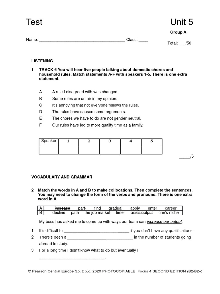 Focus4 2E Test Unit5 GroupA 1kol | PDF | Internship | Job Hunting